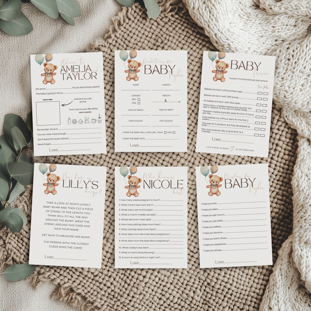 Personalised Teddy Bear Baby Shower Games Collection - LJS Creative